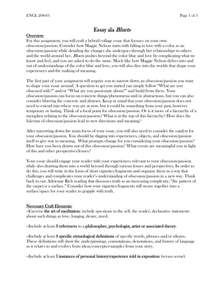Engl 208 03 essay ala bluets assignment sheet | PDF