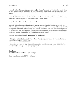 Engl 208 03 essay ala bluets assignment sheet | PDF