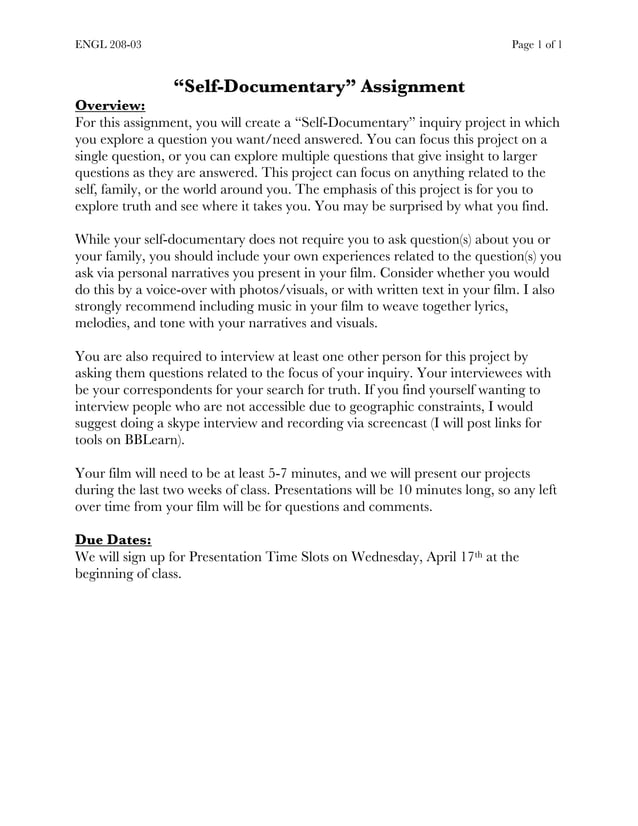 Engl 208 03 self-documentary assignment sheet | PDF