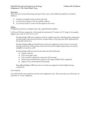 Engl 208 audio object essay prompt | PDF