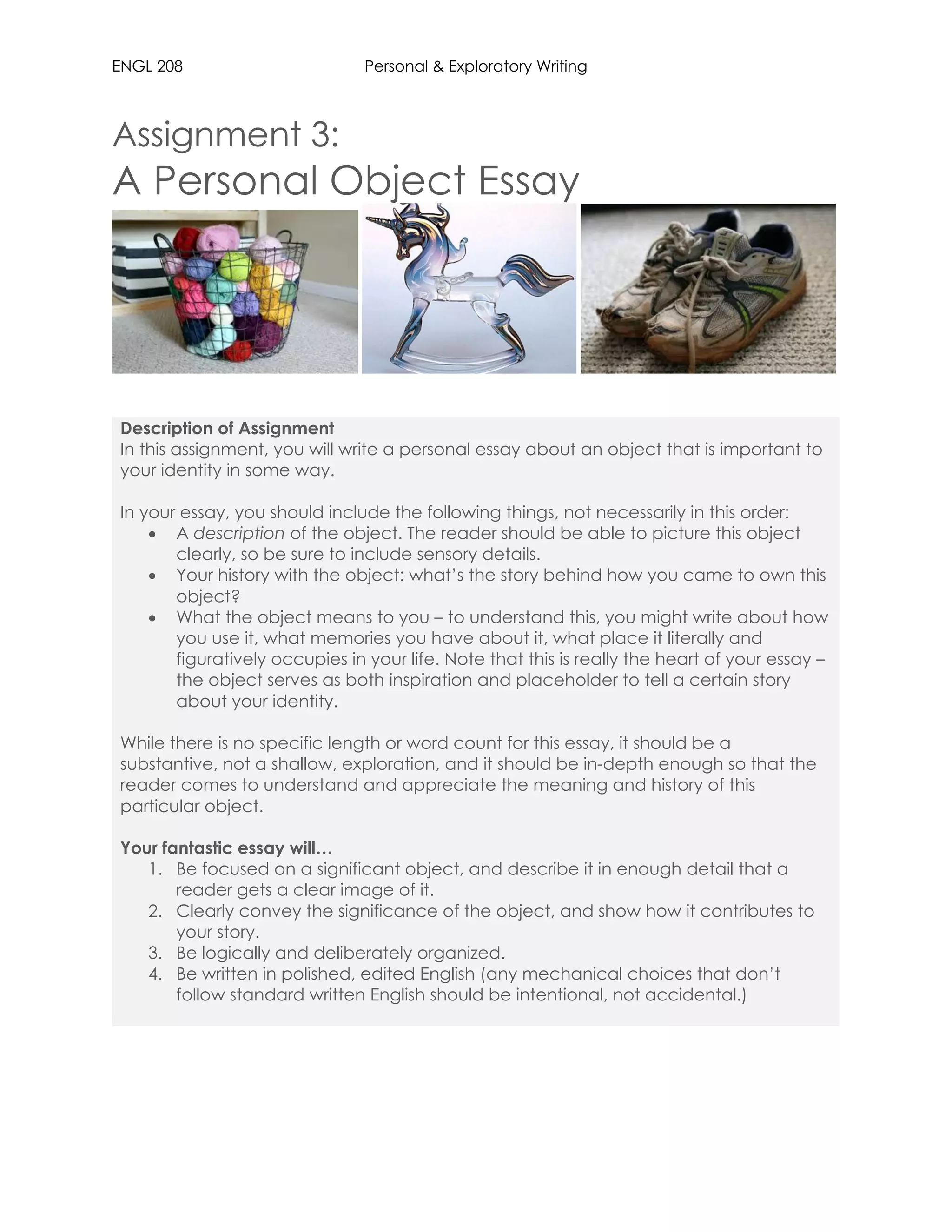 ENGL 208 Assignment 3: A Personal Object Essay | PDF