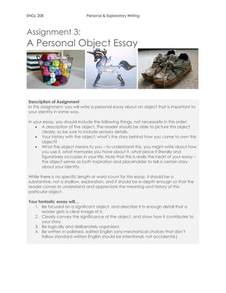 ENGL 208 Assignment 3: A Personal Object Essay | PDF | Homework and Study | Education