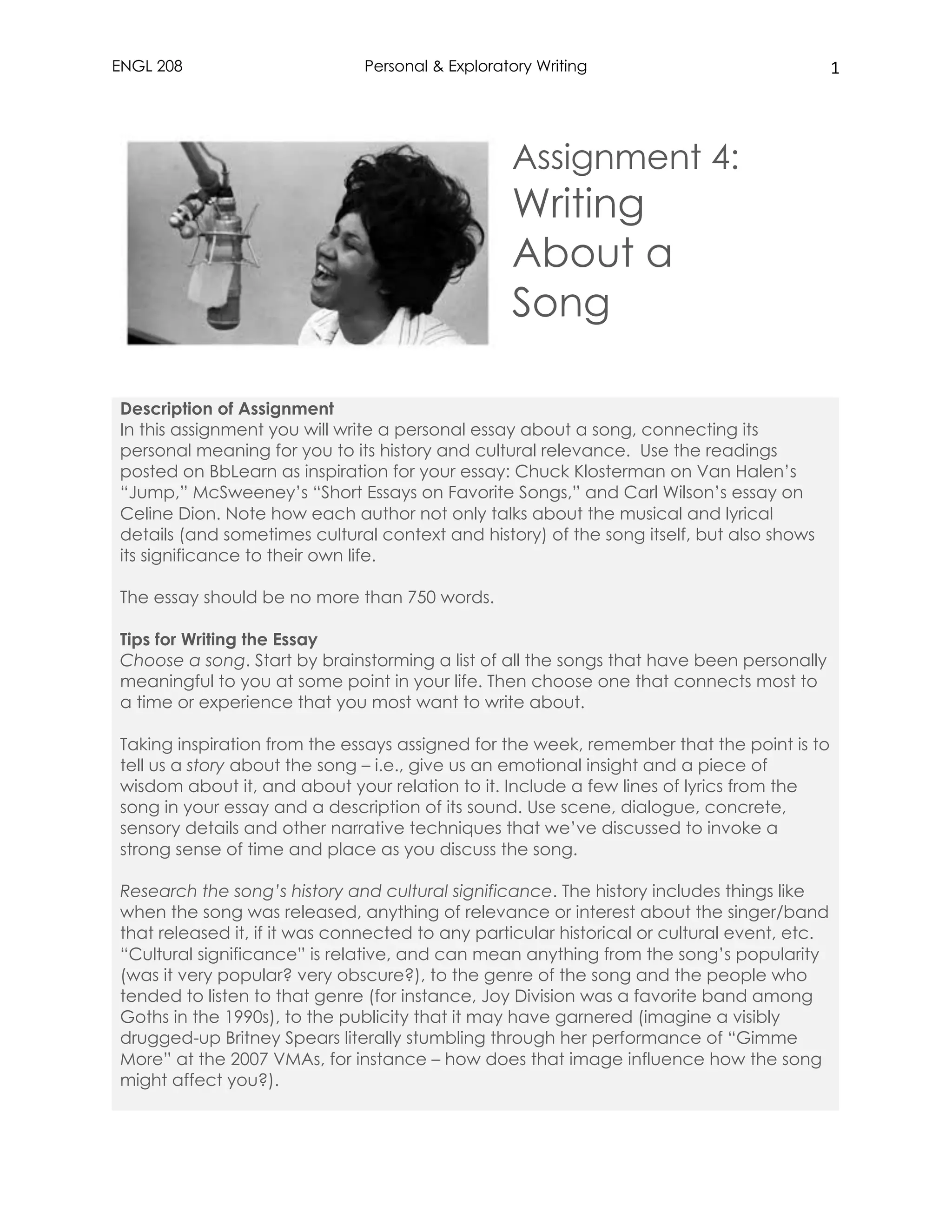 Assignment Sheet: Writing About a Song | PDF