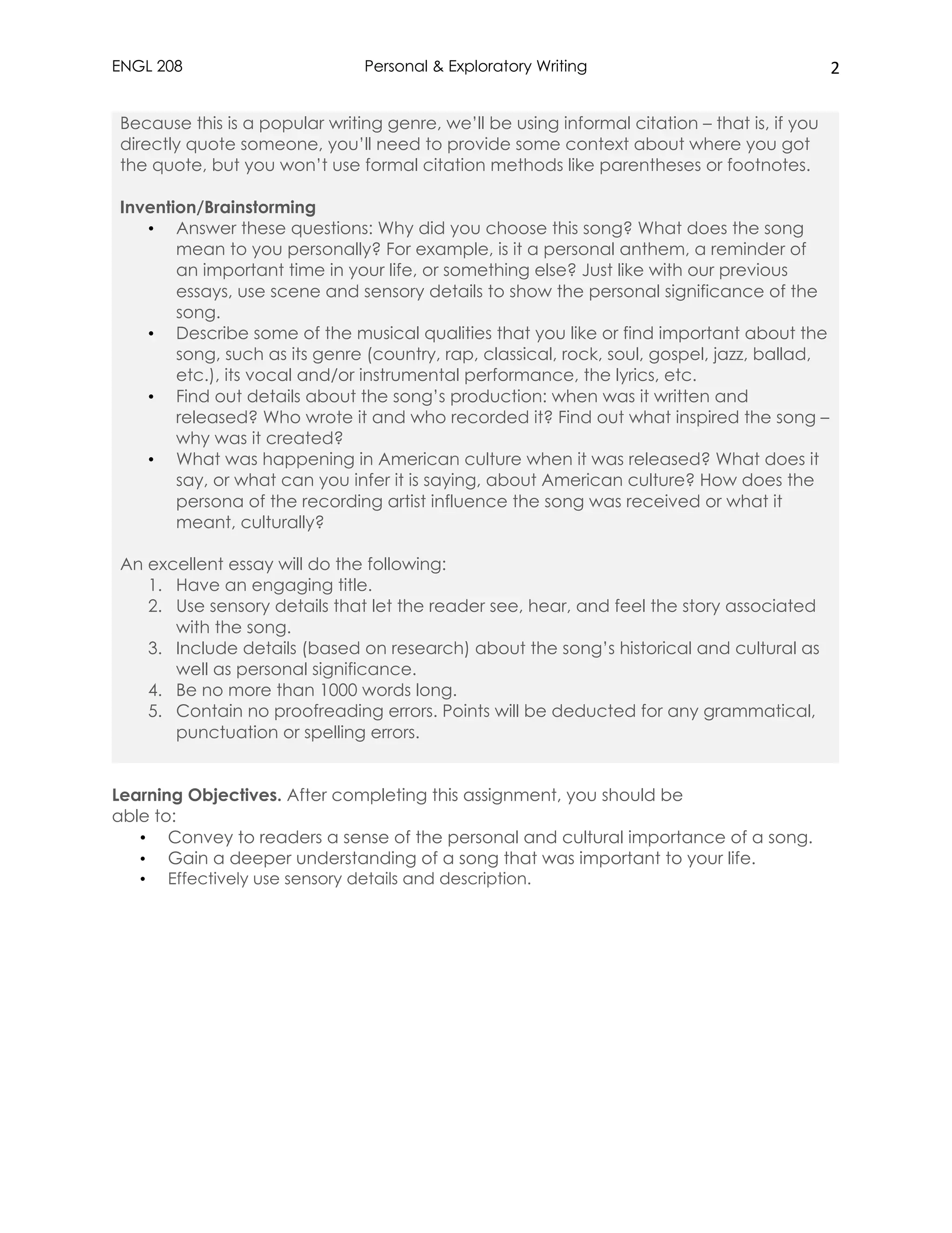 Assignment Sheet: Writing About a Song | PDF