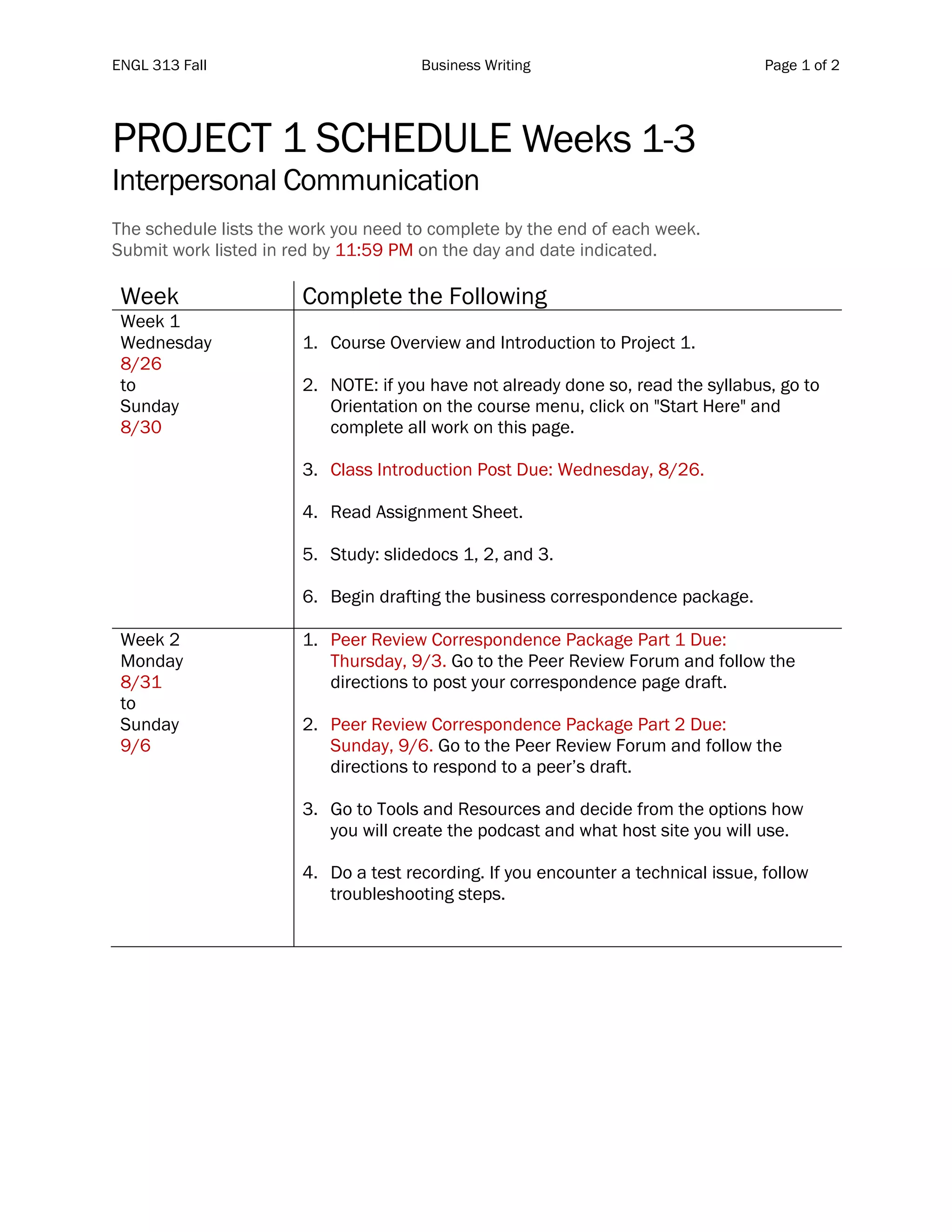Engl 313 Proj 1 Fall Schedule | PDF