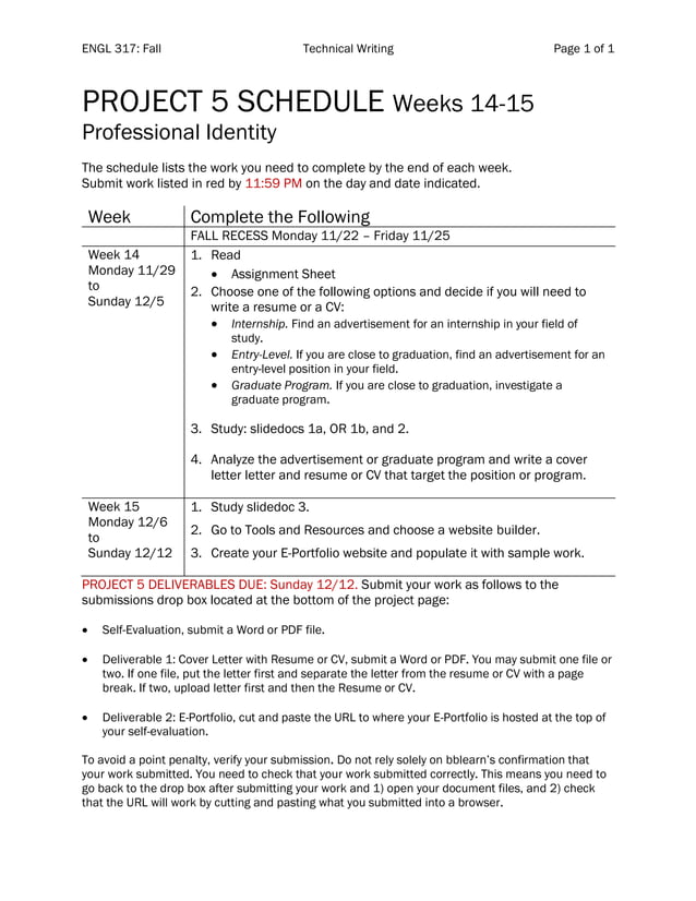 ENGL 317 Project 5 Schedule Fall 2021 | PDF