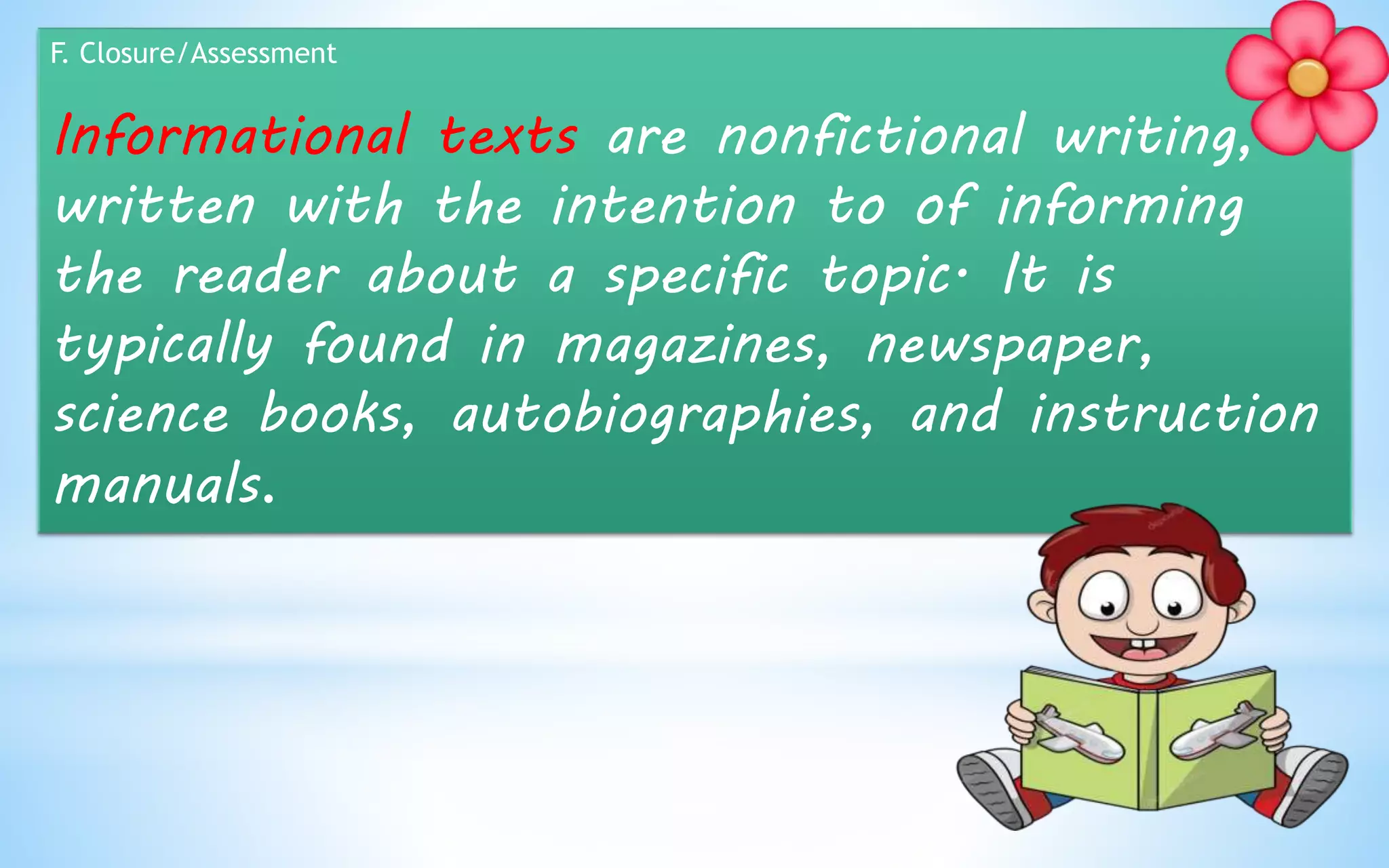 Englisg 5 q2 w2 d1 identifying informational text types by sir rei ...