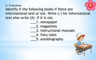 Englisg 5 q2 w2 d1 identifying informational text types by sir rei ...