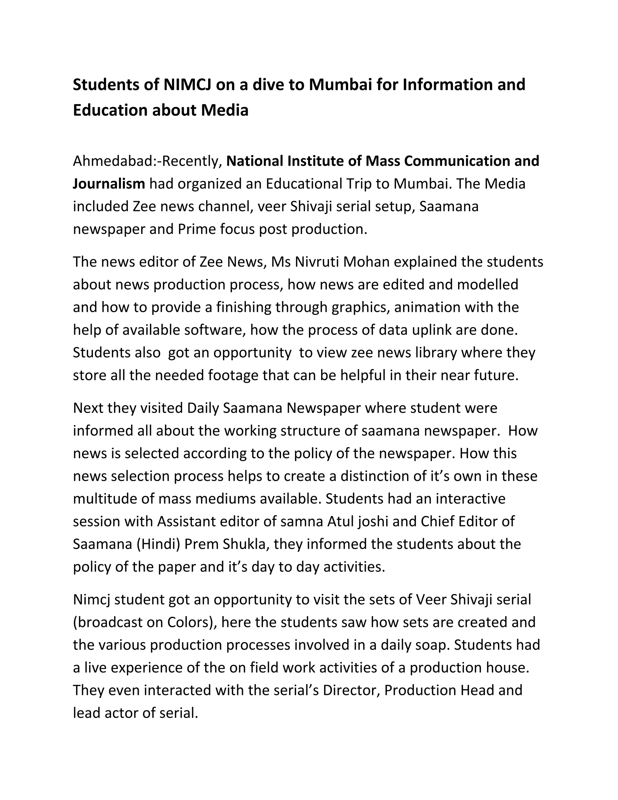 Mumbai Educational Tour - English Press Note | DOC