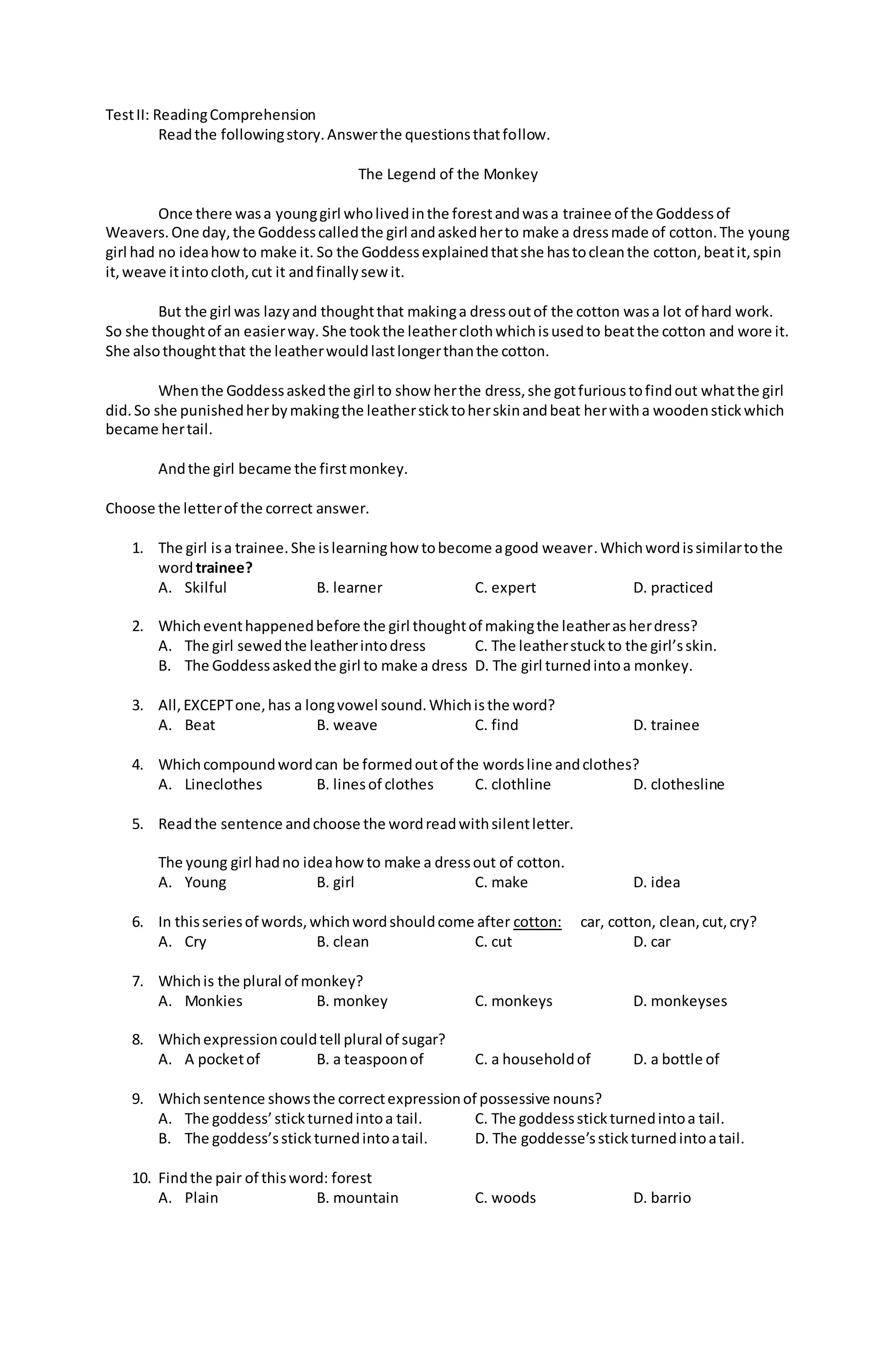 DIAGNOSTIC TEST FOR English 4 | DOCX