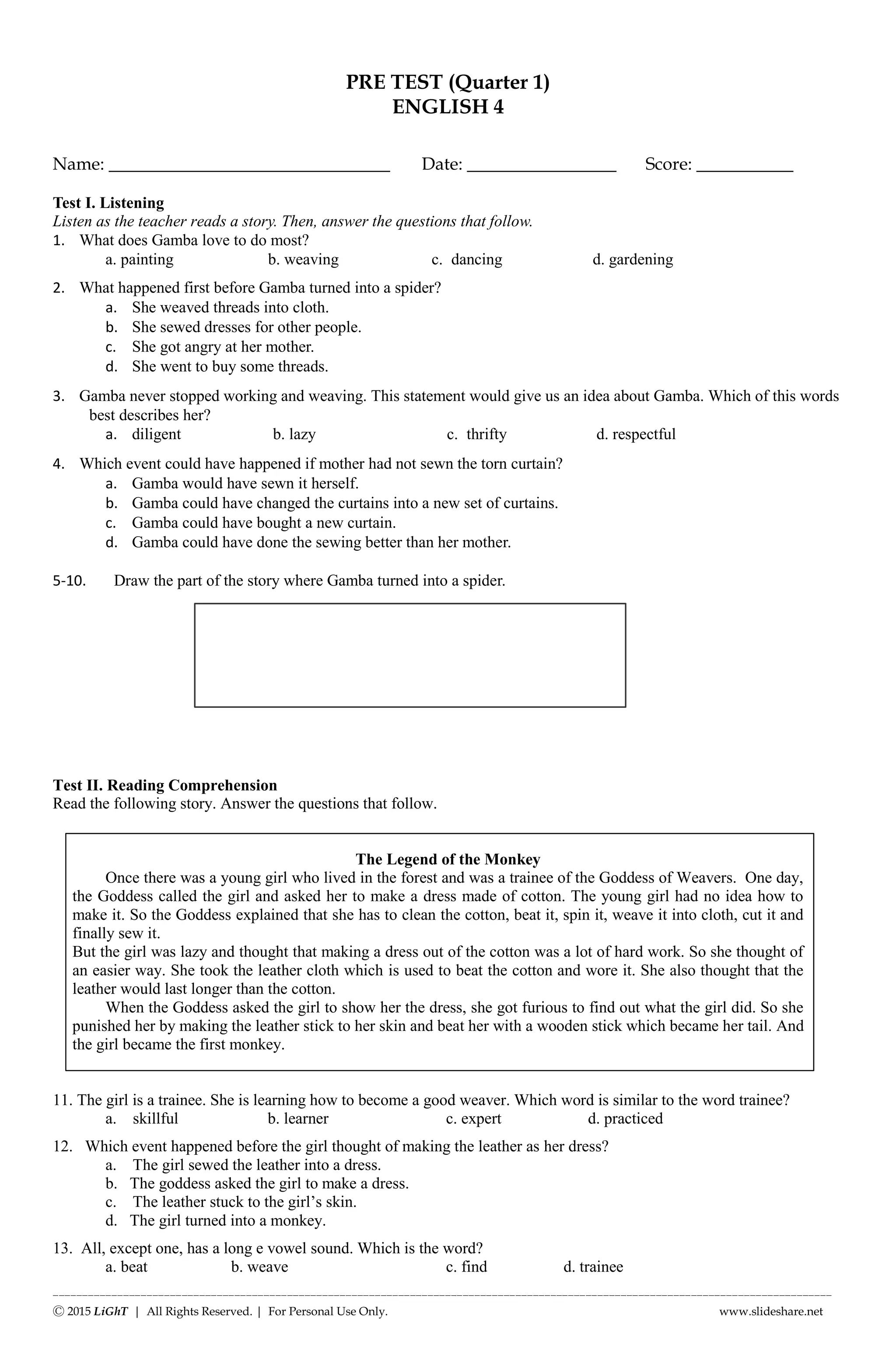 K TO 12 GRADE 4 DIAGNOSTIC / PRE TEST IN ENGLISH | PDF