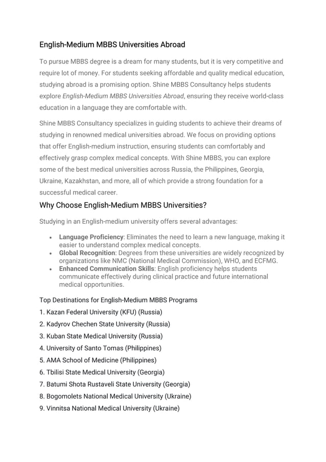 English-Medium MBBS Universities. Abroad | PDF