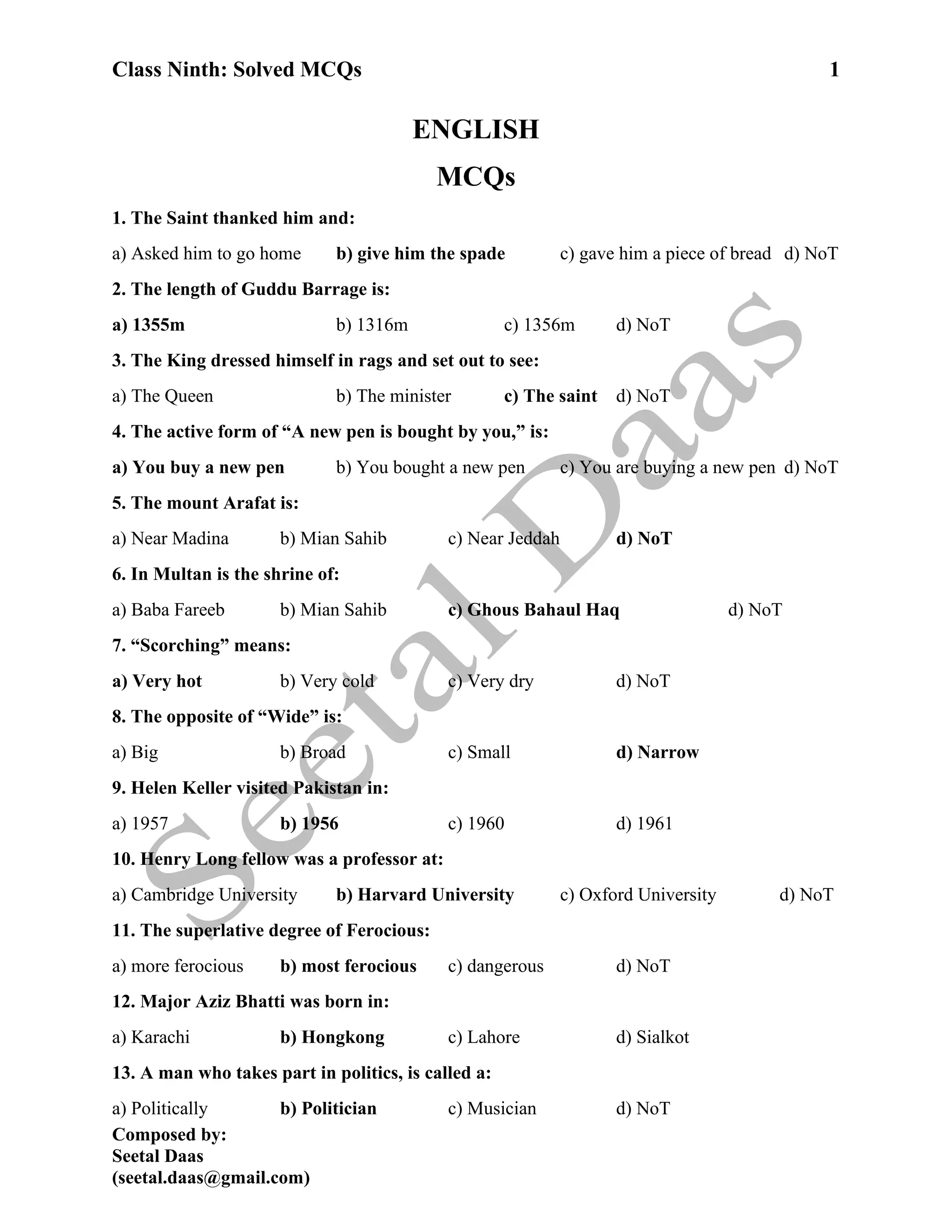 English 9th MCQS (solved) | PDF