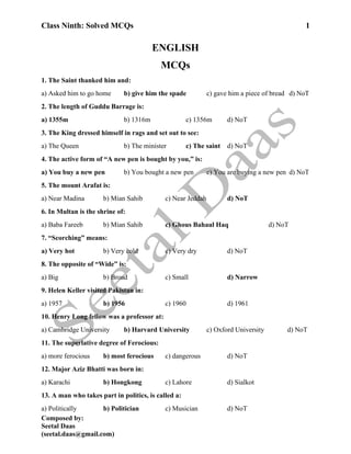 English 9th MCQS (solved) | PDF