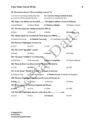 English 9th MCQS (solved) | PDF