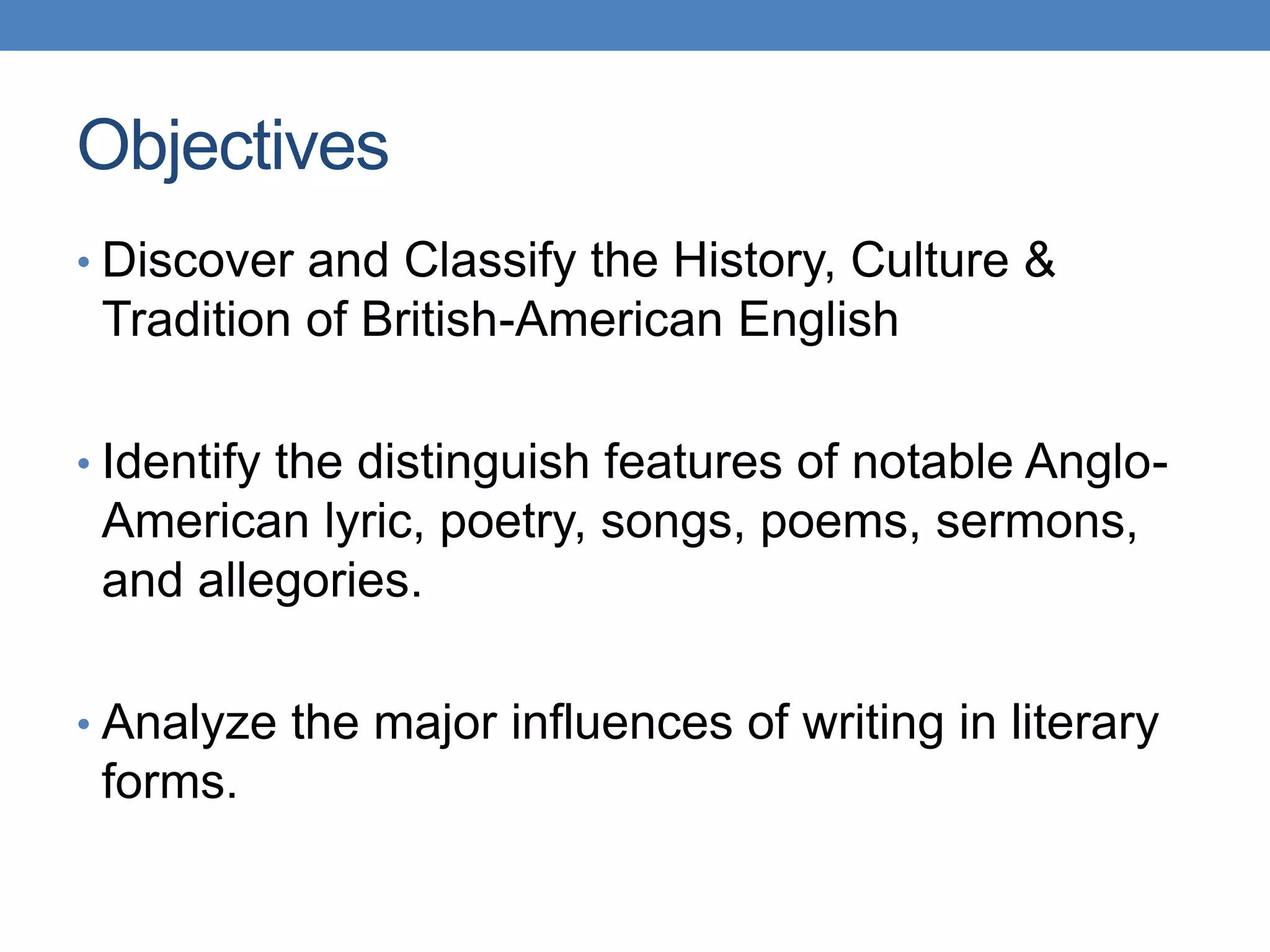 Introduction to Anglo-American Literature Grade 9 students | PPTX