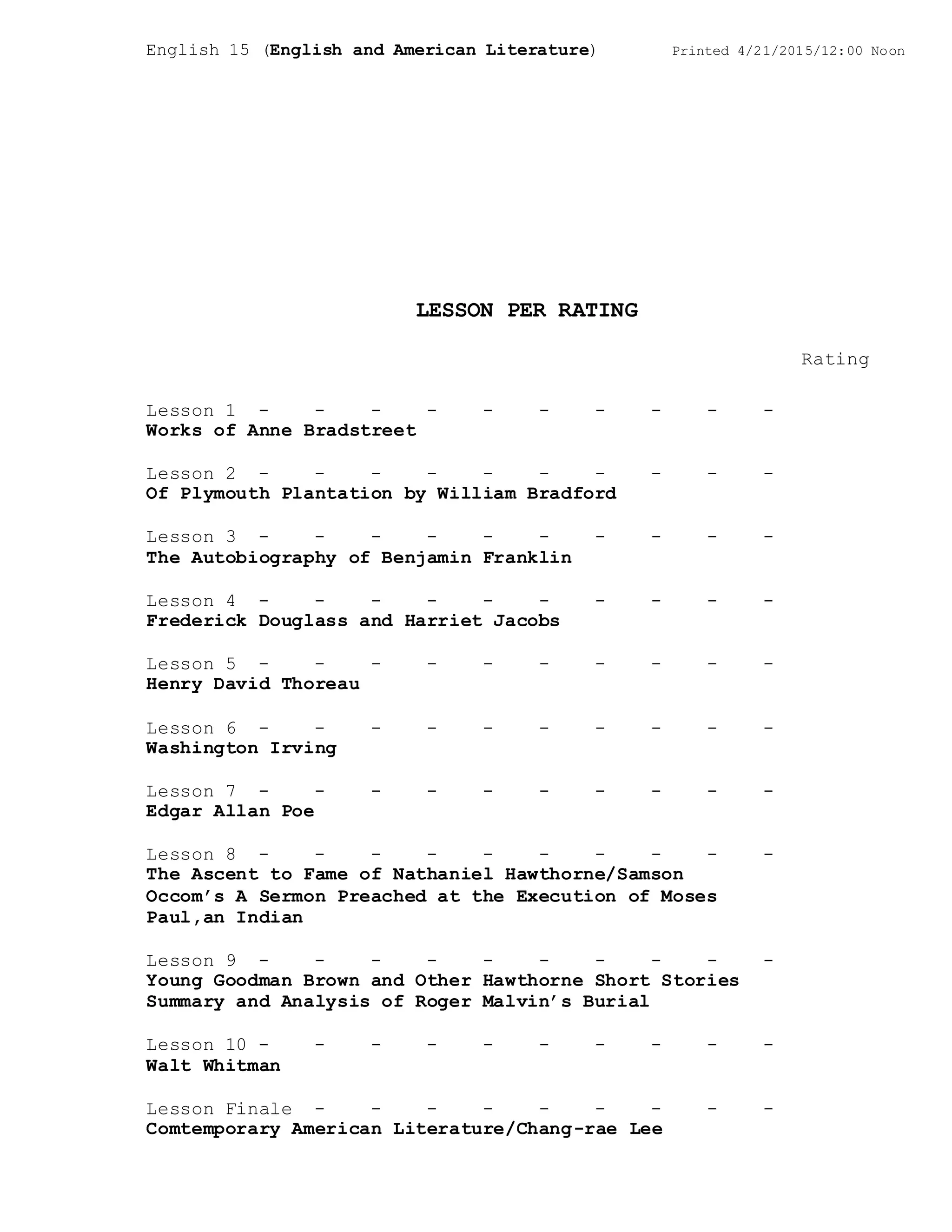 English and American Literature | DOCX