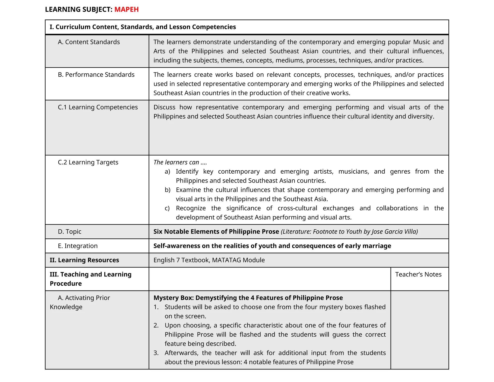 Lesson for for English subject Six Notable Elements of Philippine Prose ...