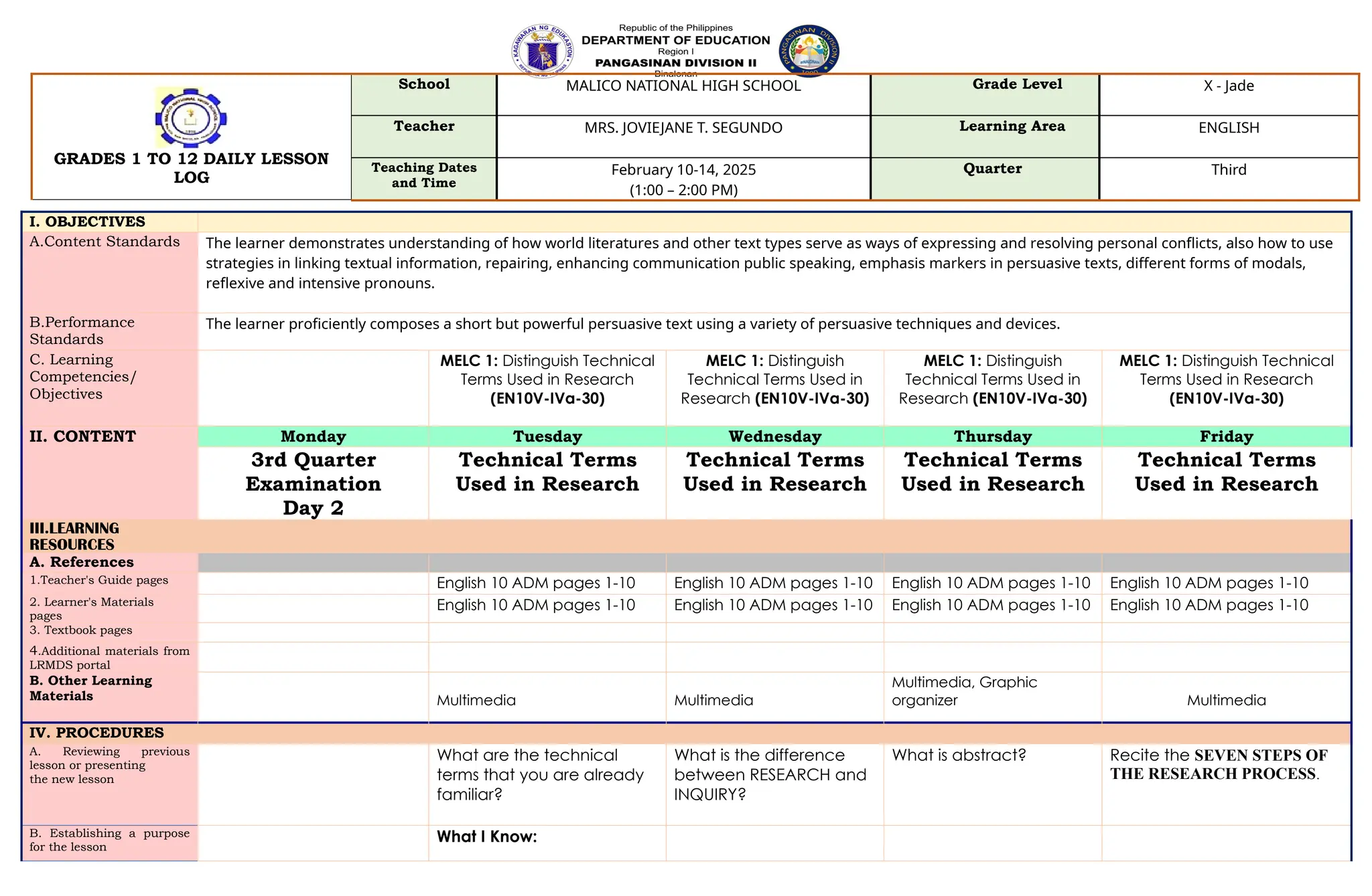 ENGLISH 10-4TH 2020 - 2.doc daily lesson log | DOC