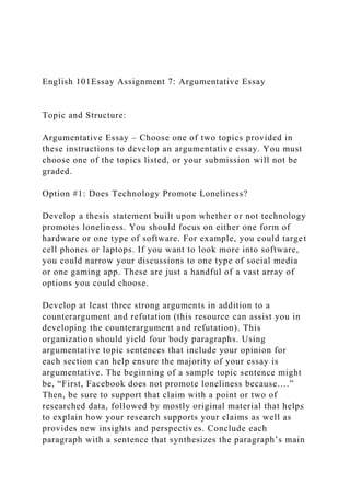 English 101Essay Assignment 7 Argumentative EssayTopic an.docx ...