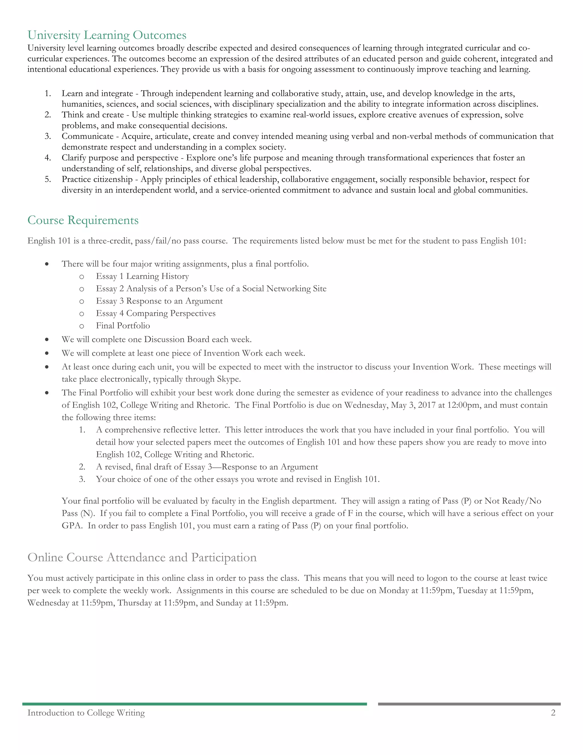 English 101 syllabus -online spring 2017 | PDF