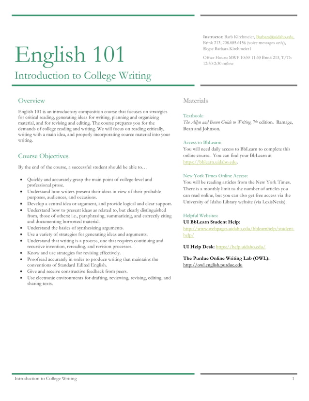 English 101 syllabus -online spring 2017 | PDF | Undergraduate ...