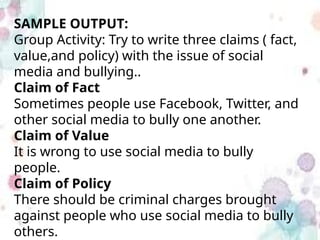 The six most common types of claim are: fact, definition, value, cause ...