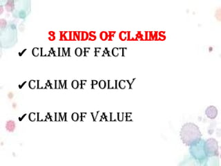 The six most common types of claim are: fact, definition, value, cause ...