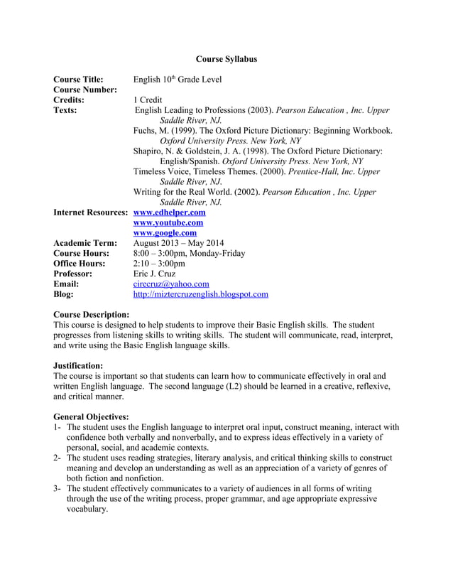 English 10th grade level syllabus 2013 2014 | DOC | Homework and Study ...