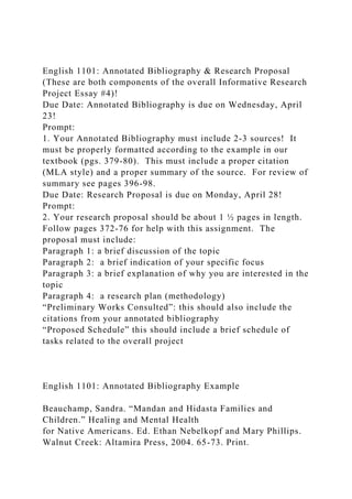 English 1101 Annotated Bibliography & Research Proposal (These ar.docx ...