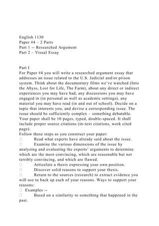English 1130Paper #4 – 2 PartsPart 1 -- Researched Argument.docx