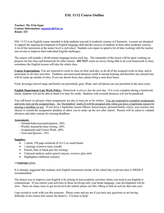 ESL 11/12 Course Outline | PDF