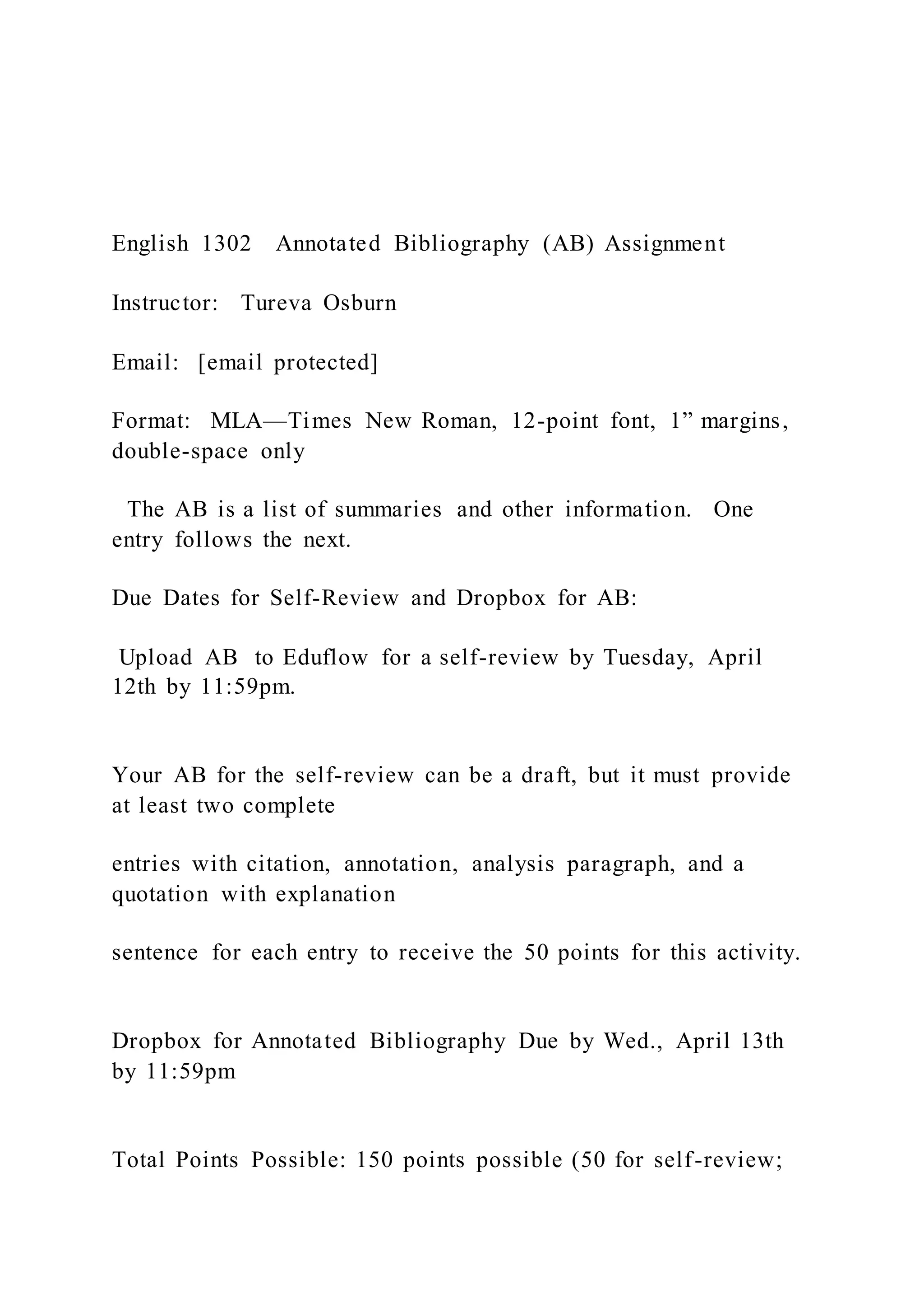 English 1302 Annotated Bibliography (AB) Assignment Inst | DOCX