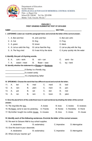 English 1 st quarter summative | DOCX