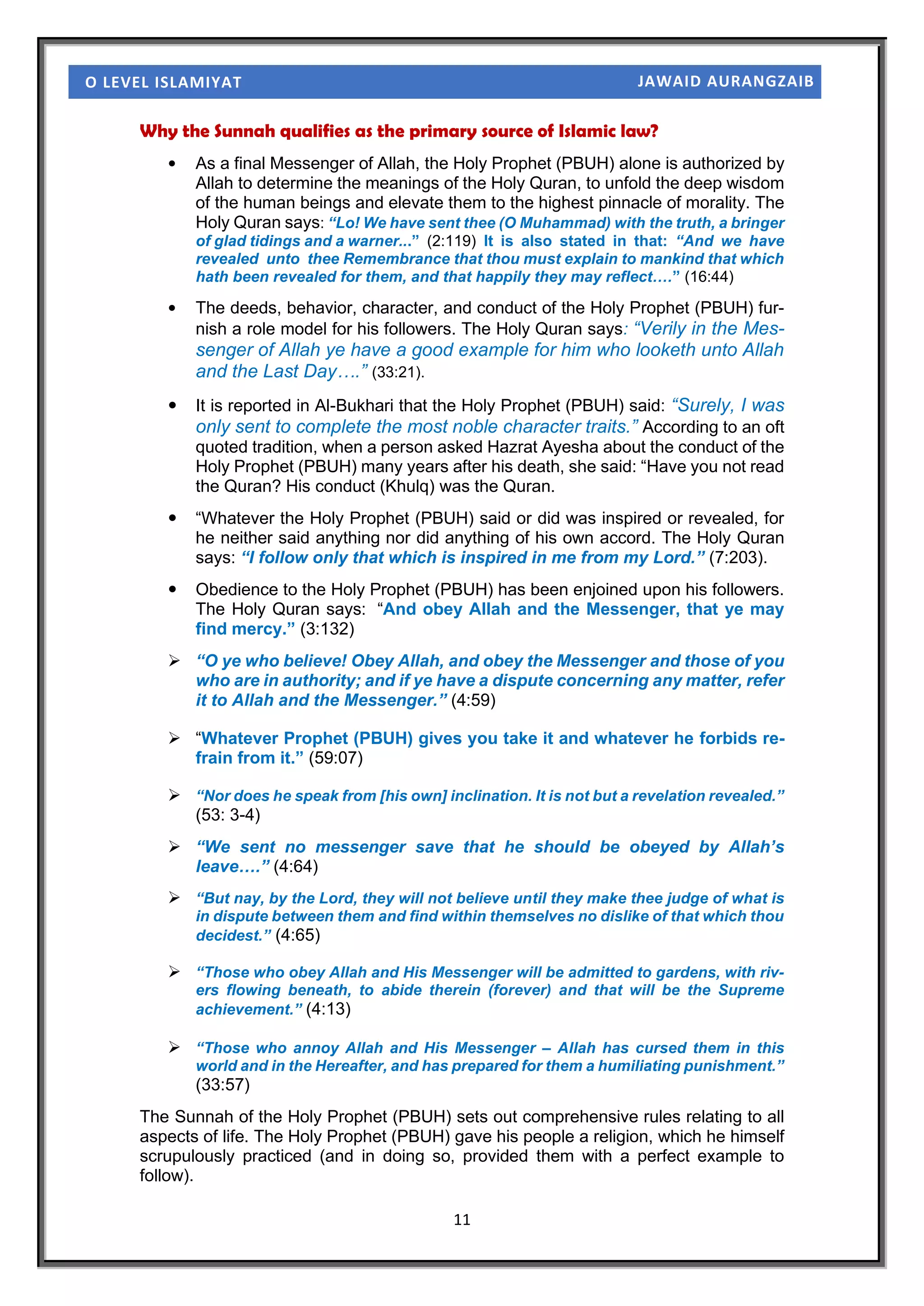 Sources of Islamic Law, O Level Islamiyat by Jawaid Aurangzaib | PDF