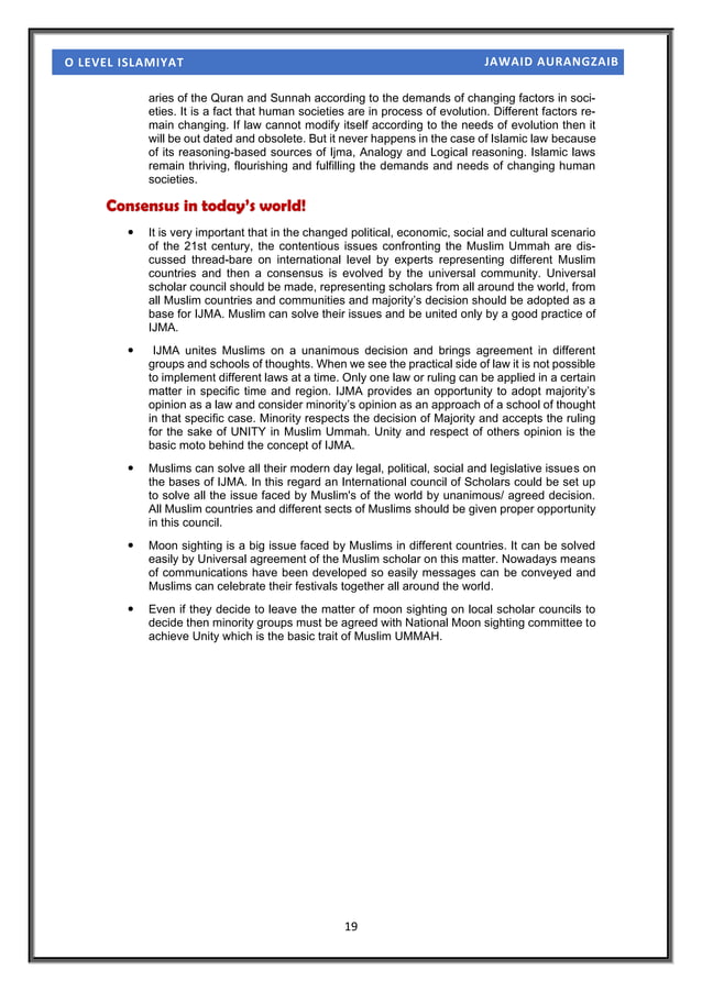 Sources of Islamic Law, O Level Islamiyat by Jawaid Aurangzaib | PDF