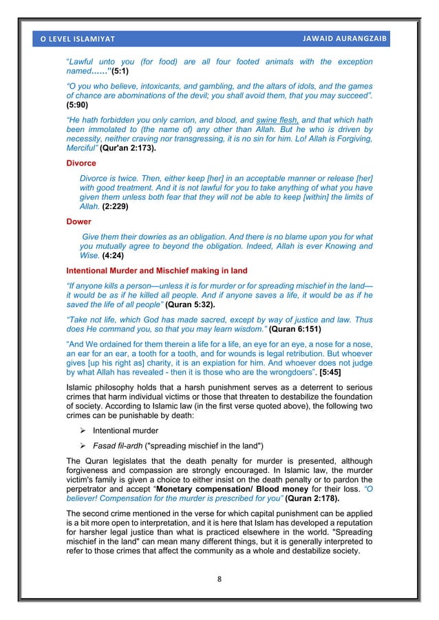 Sources of Islamic Law, O Level Islamiyat by Jawaid Aurangzaib | PDF