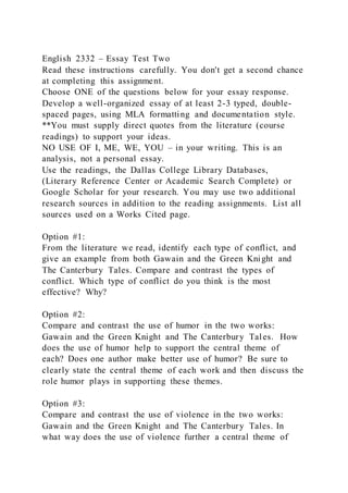 English 2332 – essay test two read these instructions carefully. yo | PDF