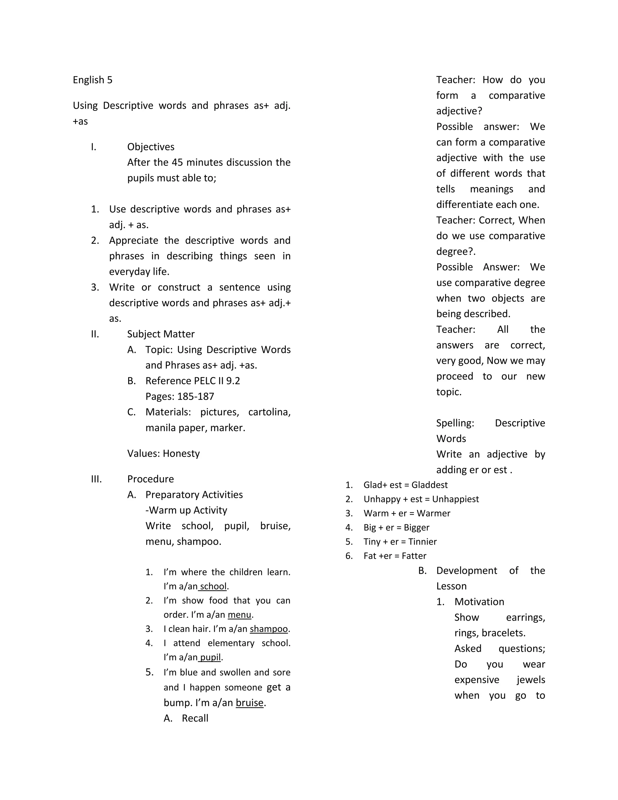 English 5 lesson plan | DOCX