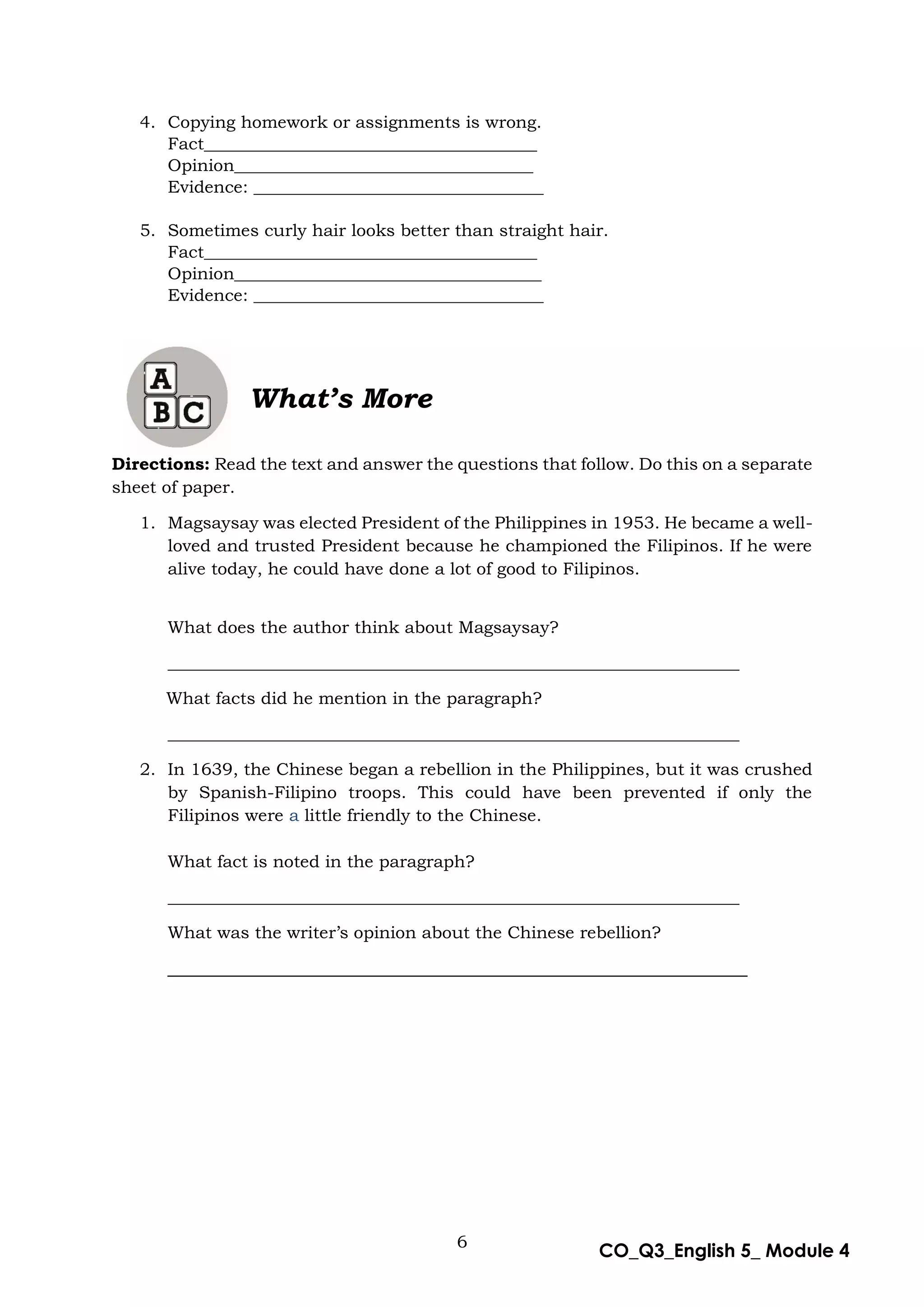 English5 q3 mod4_providing evidence to support opinion fact_v1 | PDF
