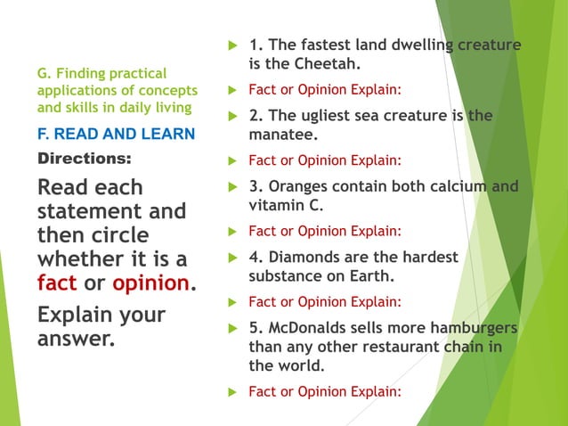 English 5 w1. Distinguishing Fact and Opinion q3.ppt | Pets