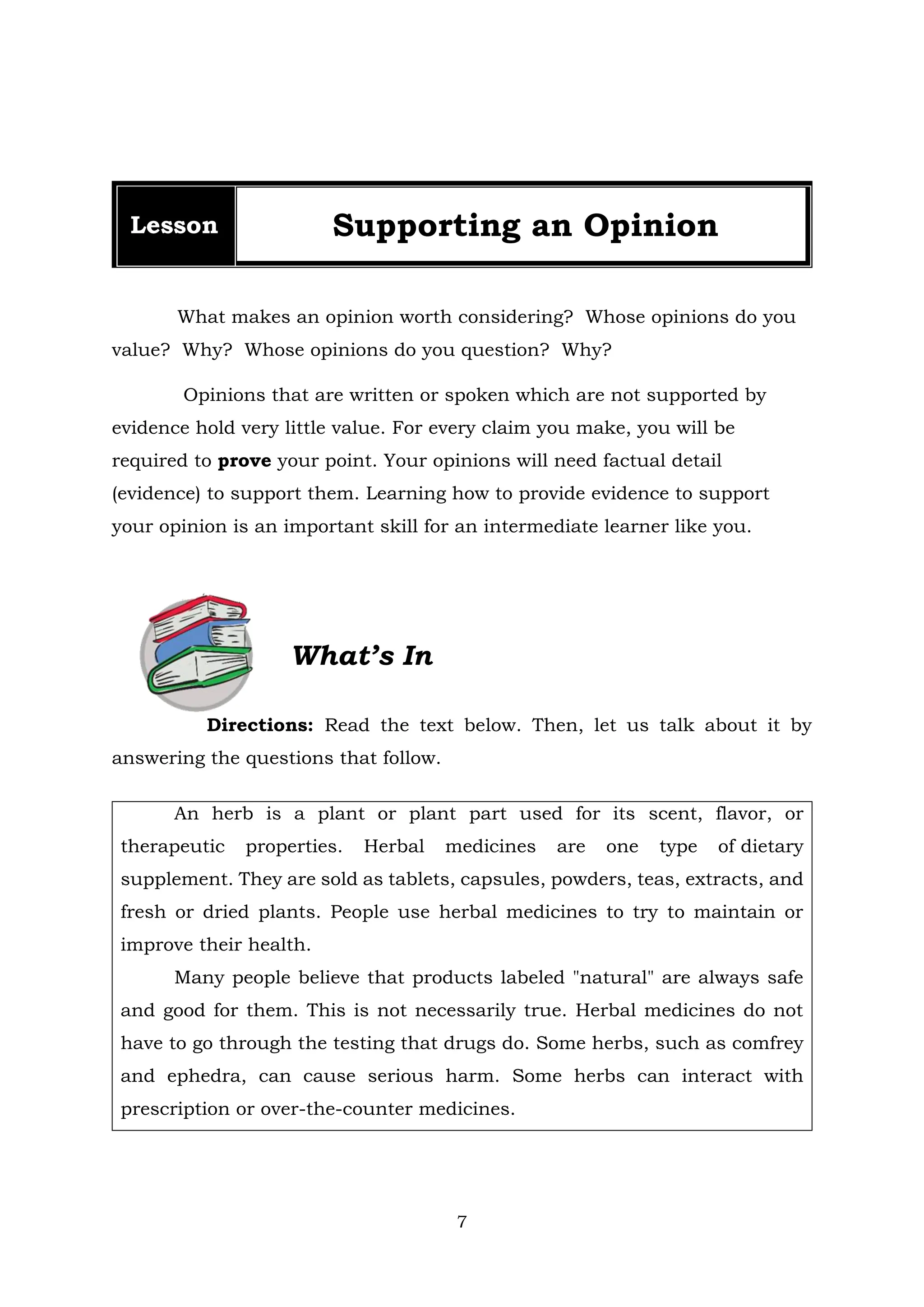 English 6 - Quarter 3 - Module 1 Supporting An Opinion | PDF
