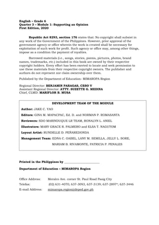 English 6 - Quarter 3 - Module 1 Supporting An Opinion | PDF