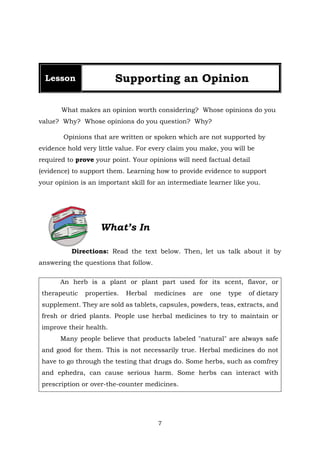 English 6 - Quarter 3 - Module 1 Supporting An Opinion | PDF