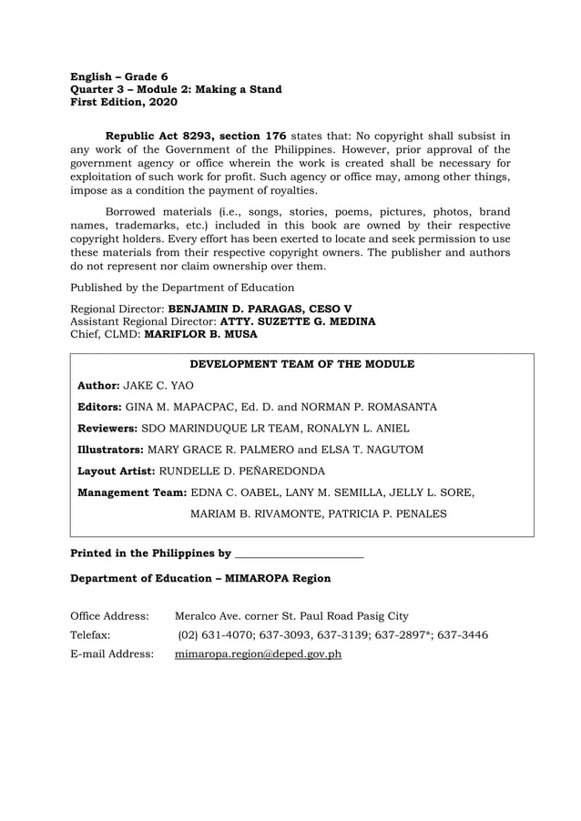 English 6 - Quarter 3 - Module 2 Making a Stand | PDF | Homework and Study | Education