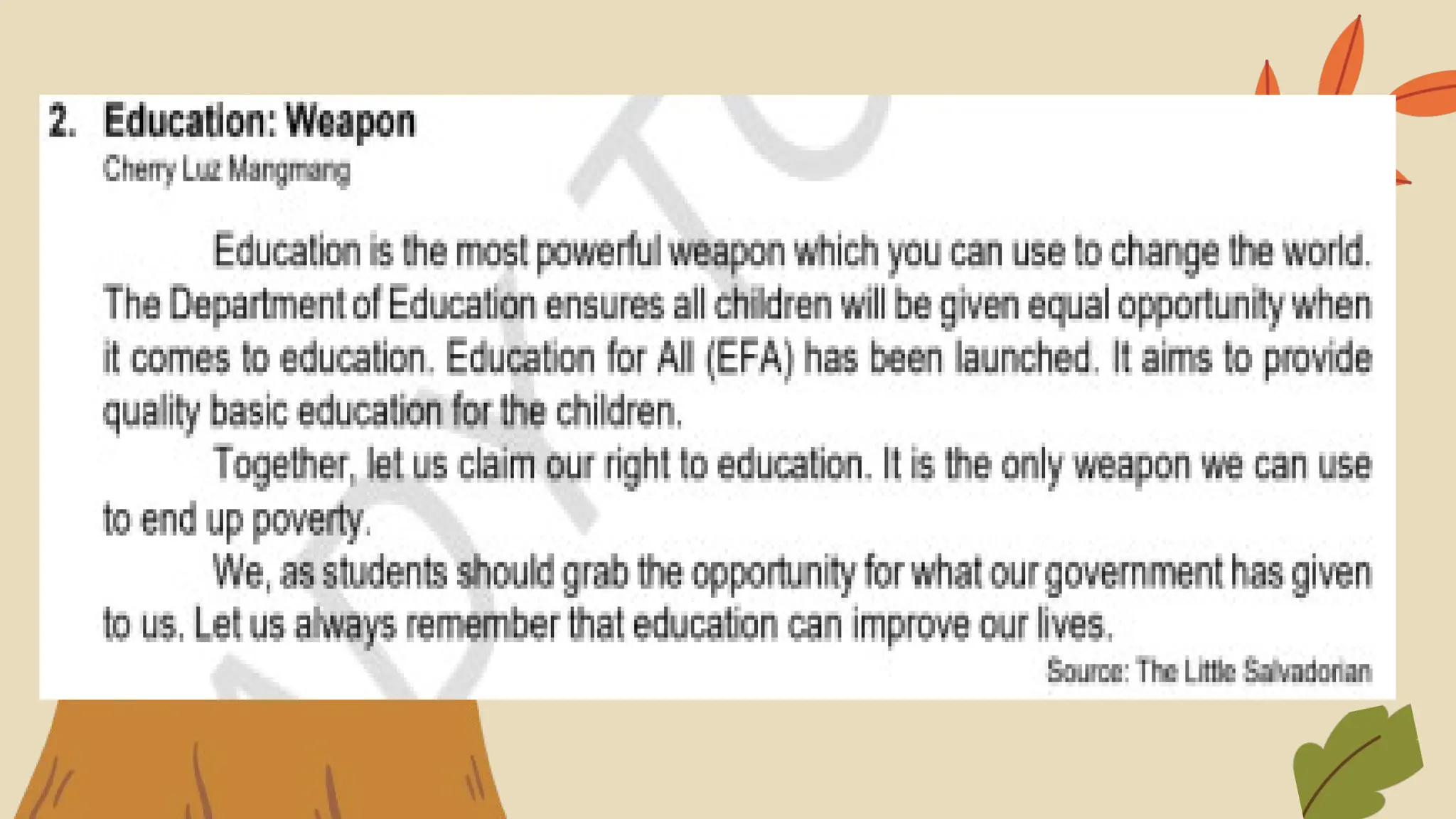 ENGLISH 6 - Present a coherent, comprehensive report on differing ...