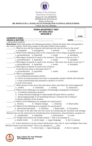 ENGLISH 8 3R QE.docx | Education