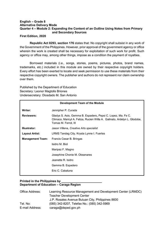 English8_Q4_Module 2_Expanding the Content of an Outline Using Notes ...