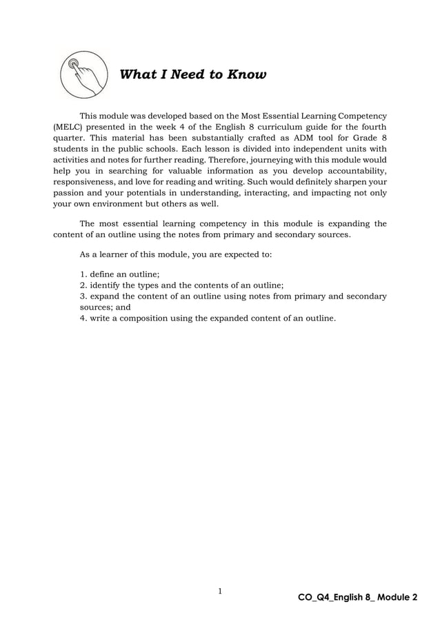English8_Q4_Module 2_Expanding the Content of an Outline Using Notes ...