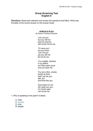 Reading materials for English 8 learners | PDF